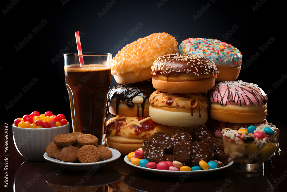 Junk food concept. Unhealthy food background. Fast food and sugar ...