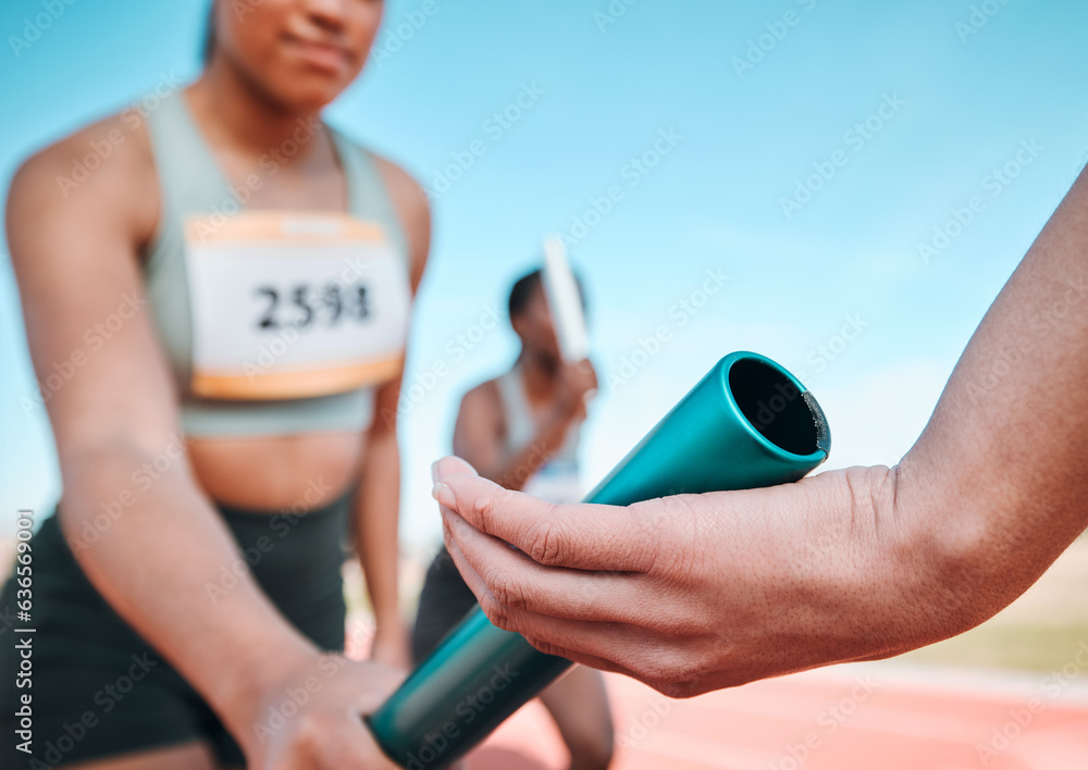 Woman, team and hands with baton in relay, running marathon or sports ...
