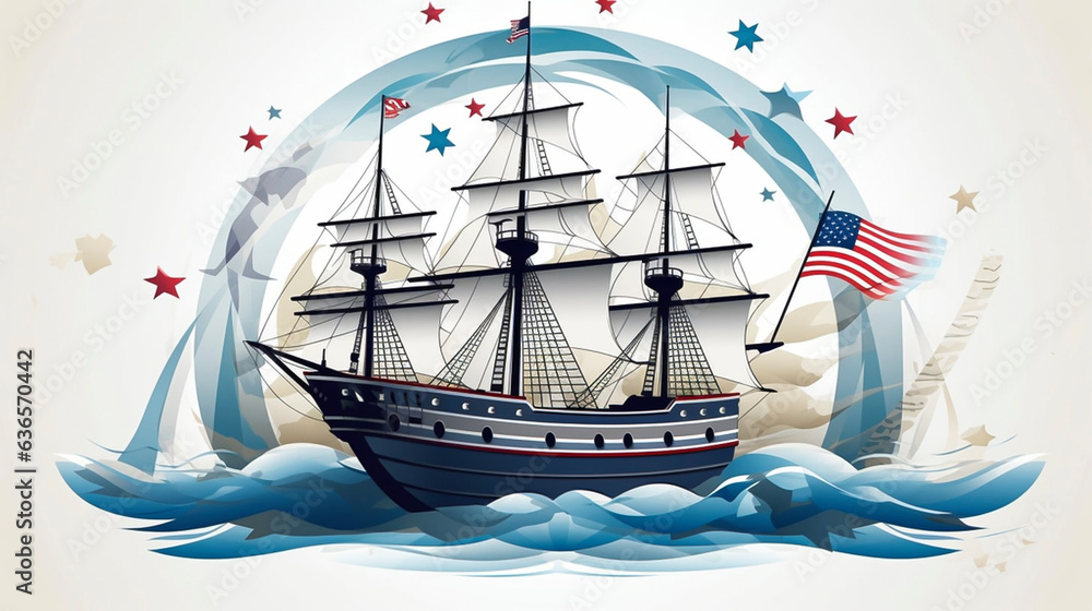 AI generated, happy columbus day Greeting card, caravel on blue waves ...