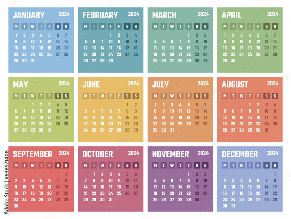 2024 year calendar, calendar design for 2024 starts monday Stock Vector ...