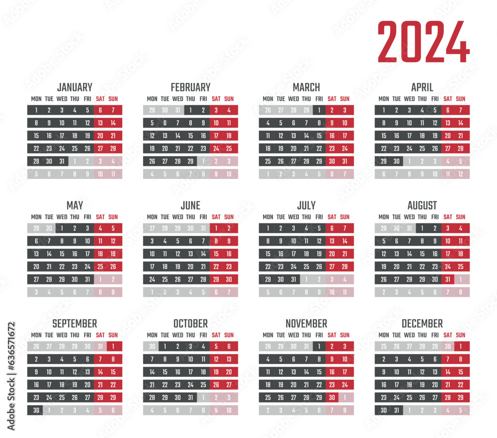 Vetor de calendar for 2024 starts monday, vector calendar design 2024 ...