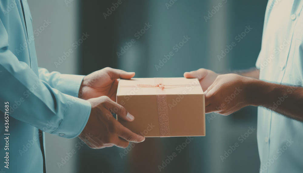 Delivery man and parcel box, parcels or customer goods in transit ...