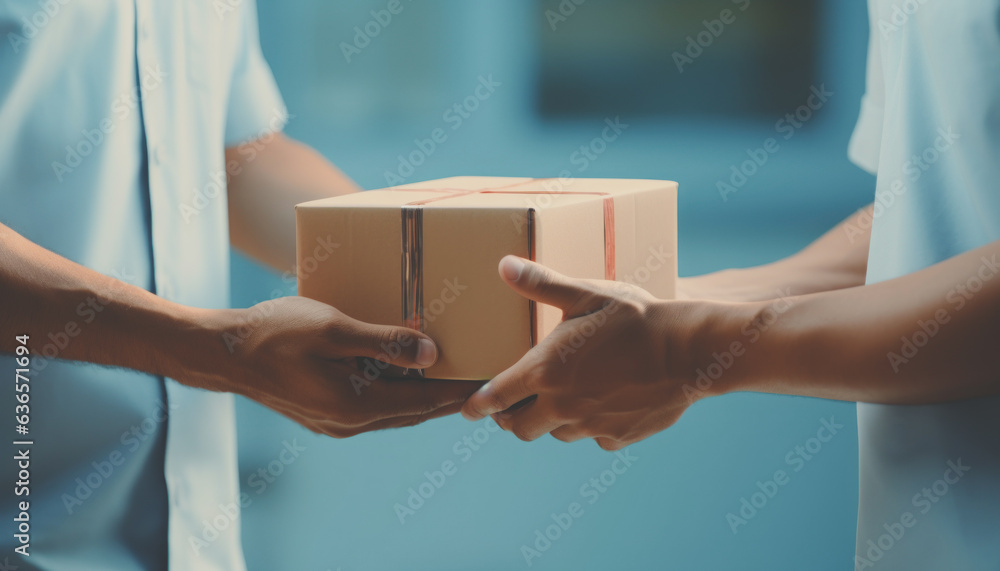 Delivery man and parcel box, parcels or customer goods in transit ...