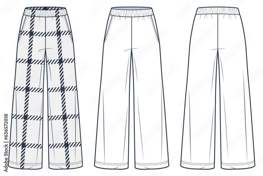 Wide leg Pants fashion flat technical drawing template, plaid design ...