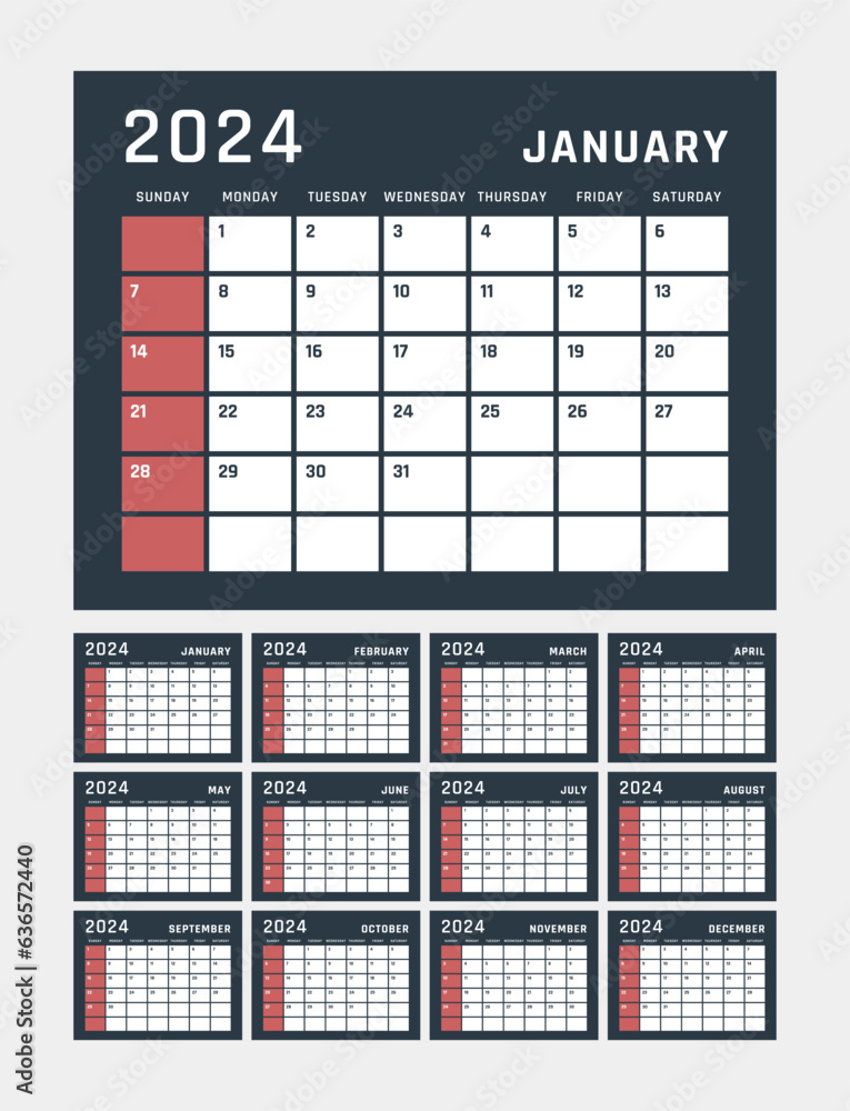 calendar for 2024 starts sunday, vector calendar design 2024 year Stock ...