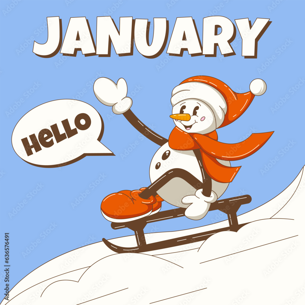 Hello January. Retro groovy snowman character in a hat and mittens ...