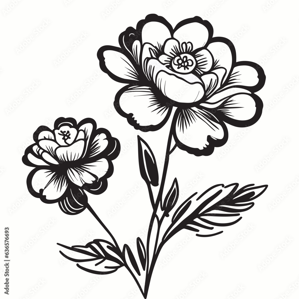floral lineart artwork of 2d flowers in black and white, meticulously ...