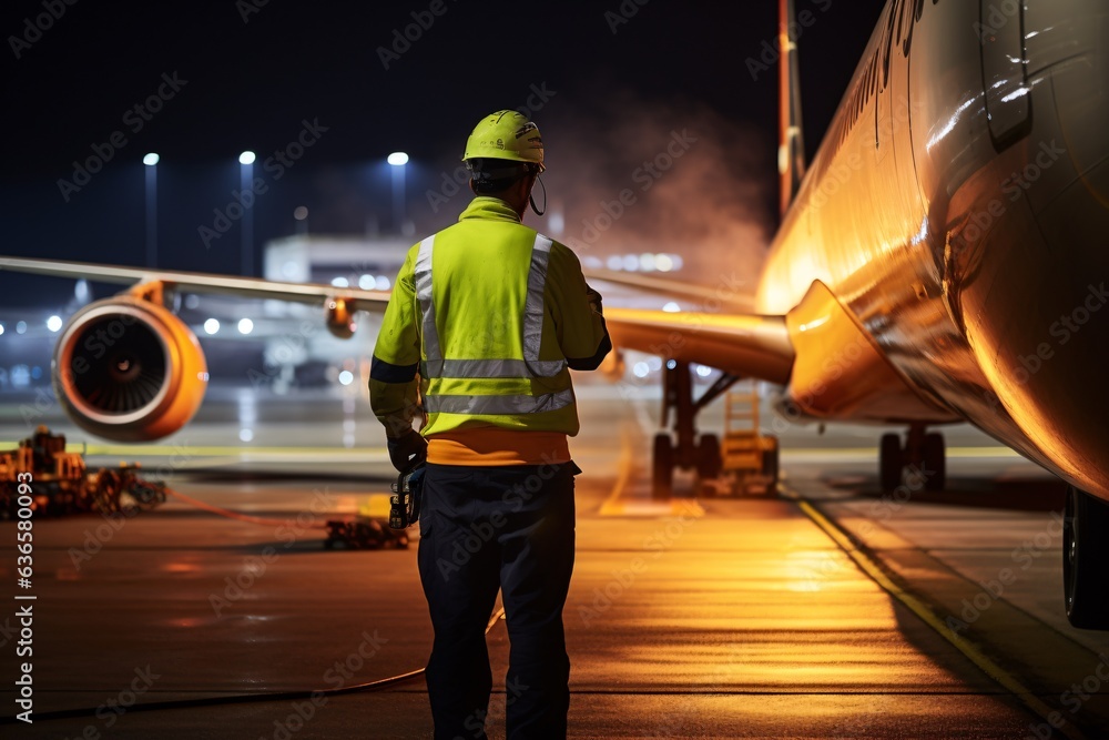 ground crew member in high-visibility clothing, directing an arriving ...