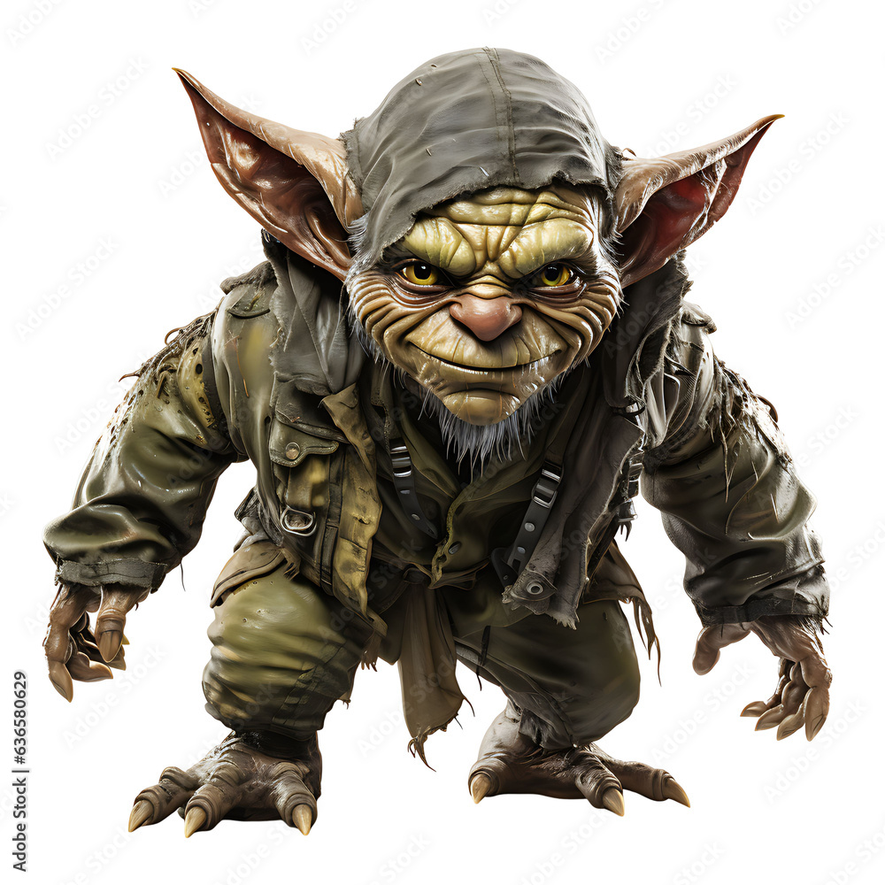 Treacherous green goblin in tatters. Halloween, spooky season. White or ...