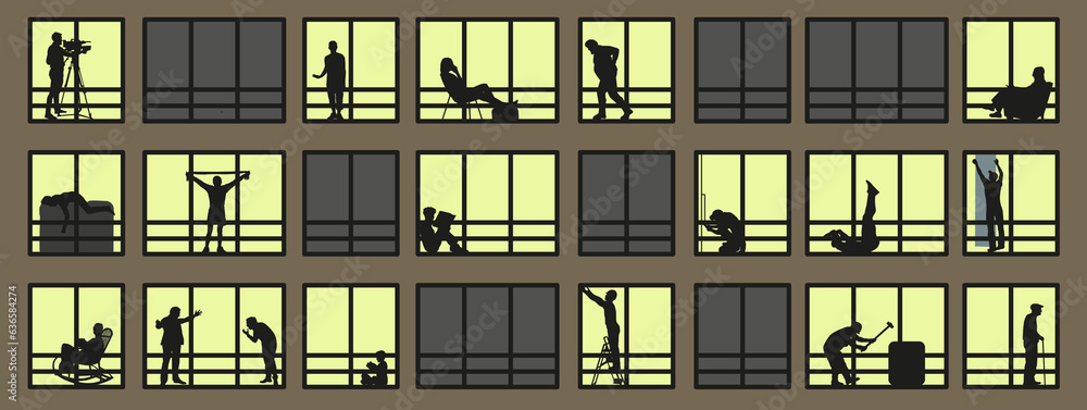 Silhouette or shadow of people in the window. People in windows ...