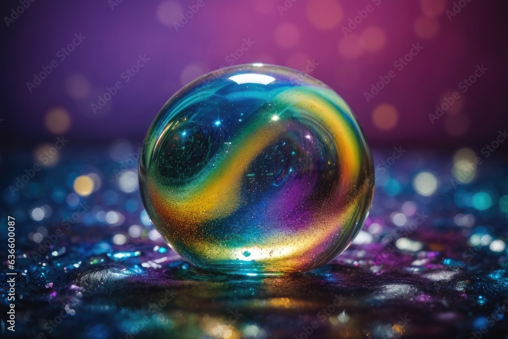 Iridescent soap bubble on multicolored background, crystal ball in the ...