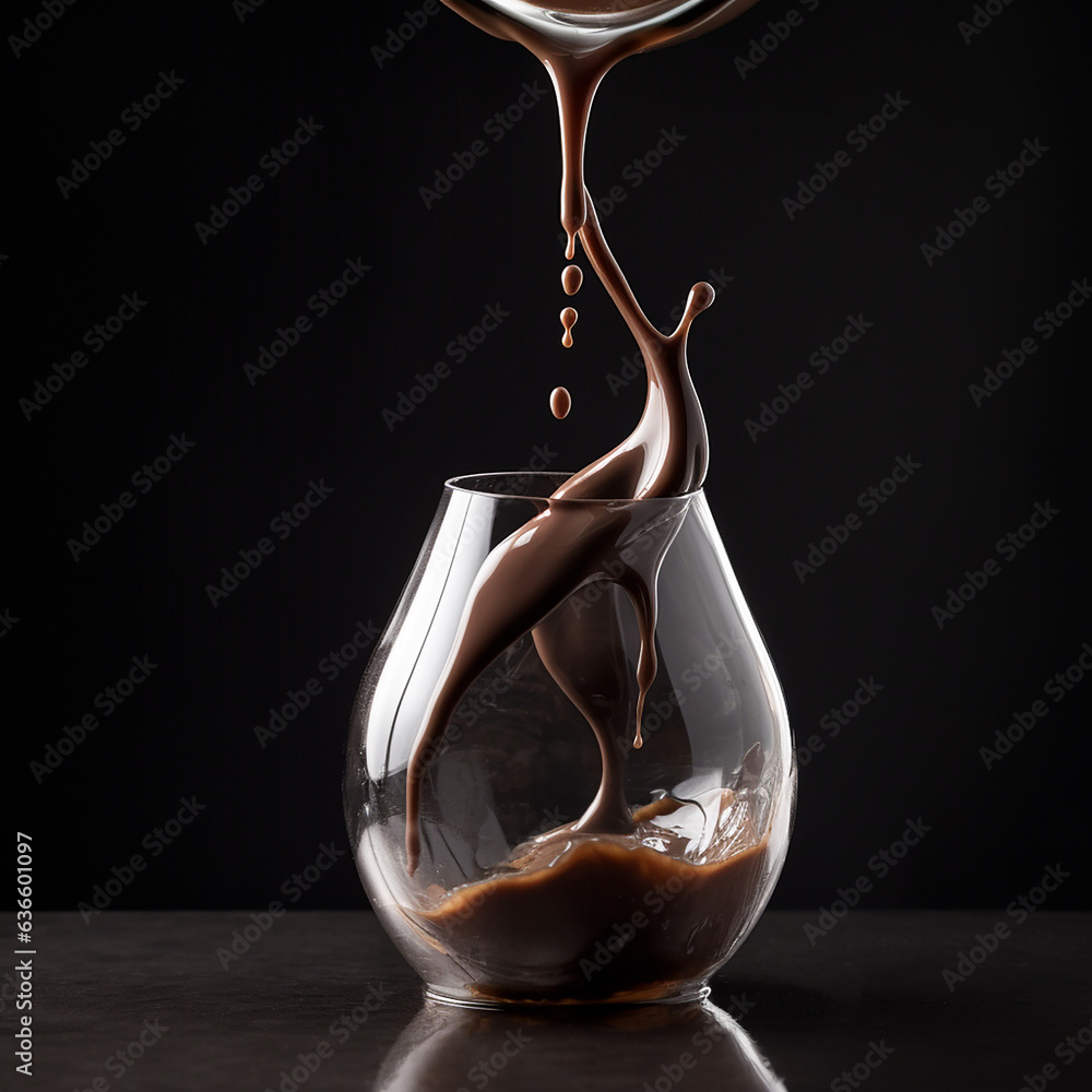 liquid chocolate drops pour viscous into a glass beaker on a black ...