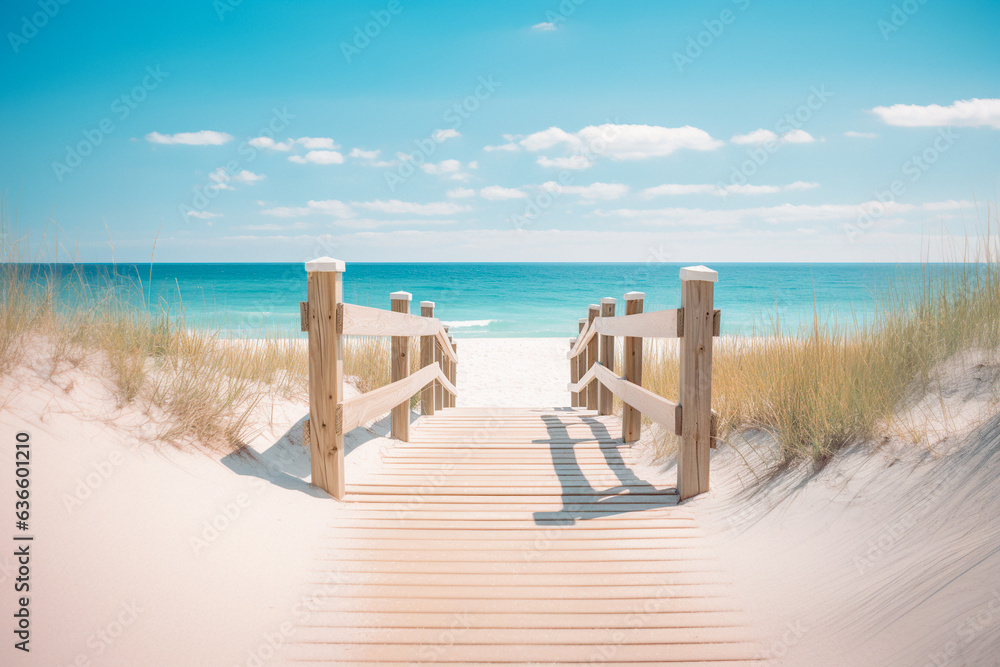 Wooden boardwalk leading to a beach. Light-colored wood, railings, dune ...