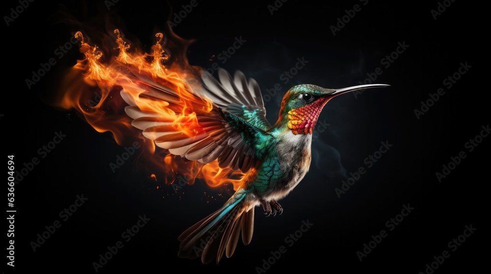 Epic hummingbird animal portrait, flaming background, warrior figure ...
