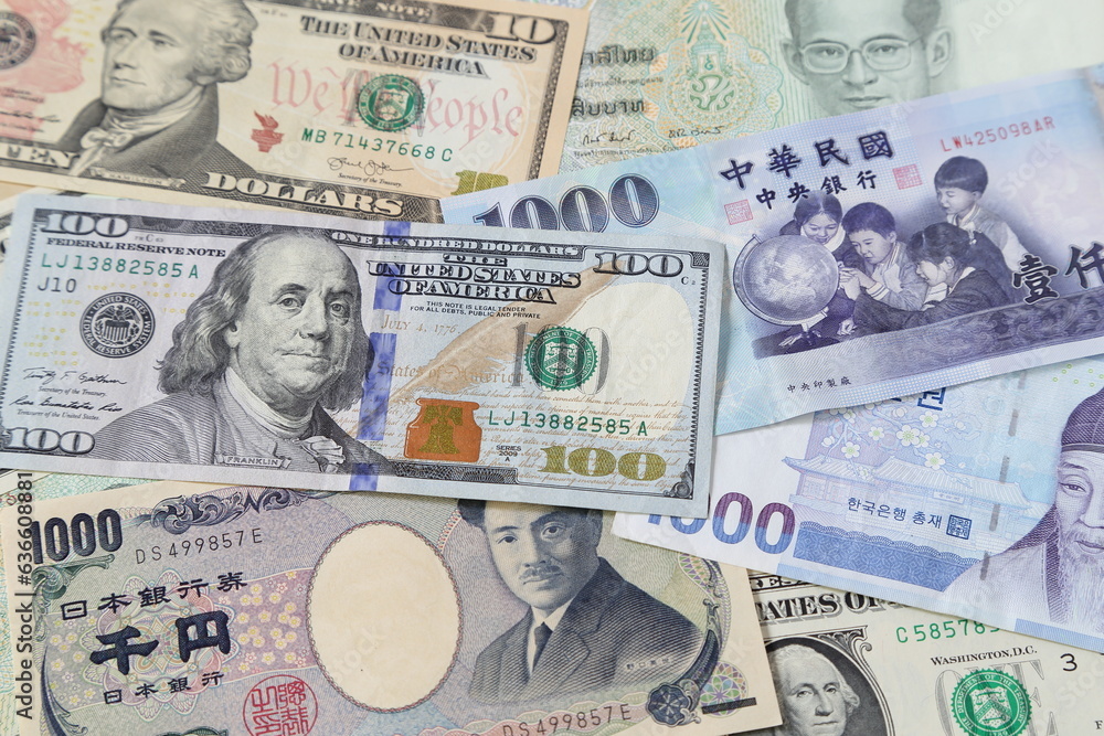 international paper currencies including RMB, Yen, Won, Baht and US ...
