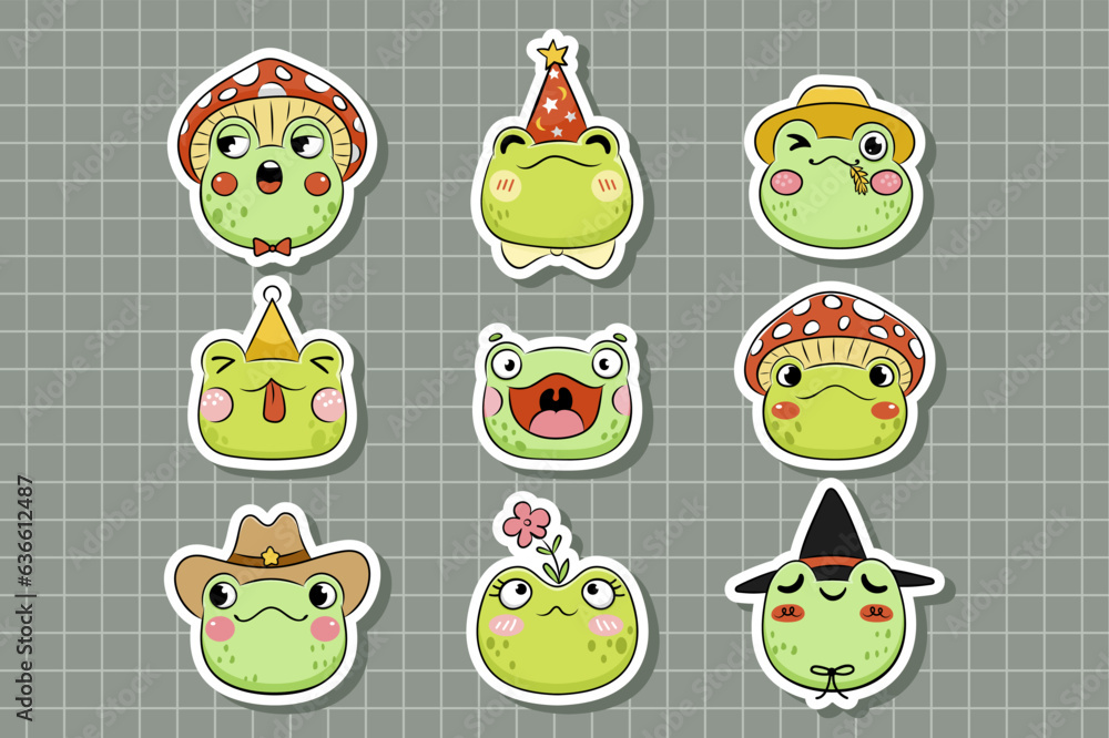 Collection of cute little froggy illustrations, frog face sticker pack ...
