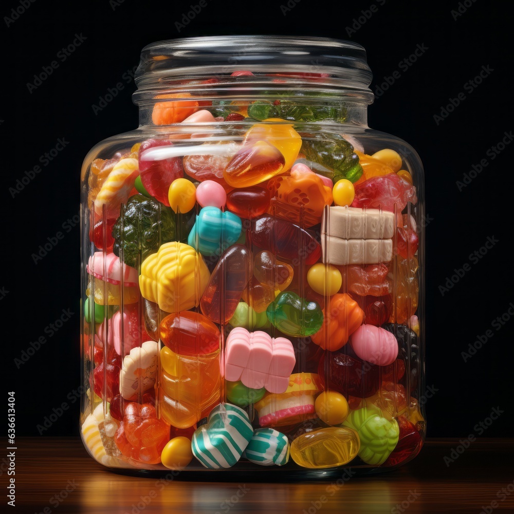Giant jar of colorful candy on a black background. Big glass jar of ...