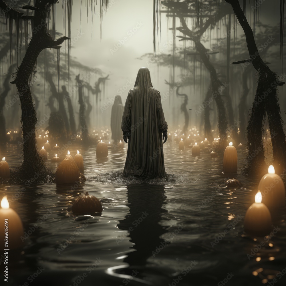 Scary ghost with black evil eyes on a dark foggy background with smoke ...