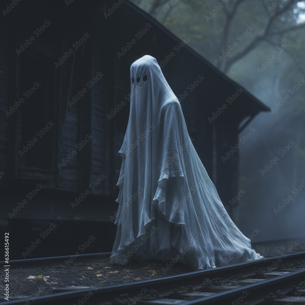 Scary ghost with black evil eyes in a dark spooky forest on a foggy ...