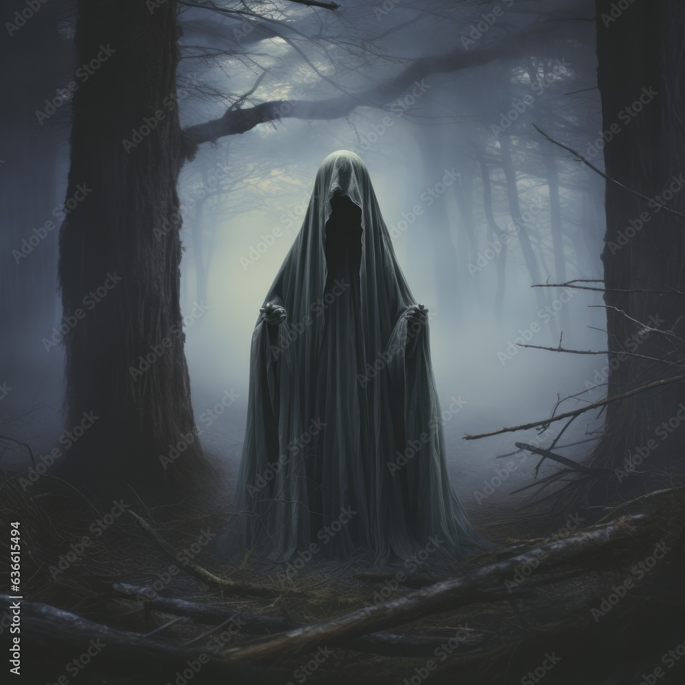 Scary ghost with black evil eyes in a dark spooky forest on a foggy ...