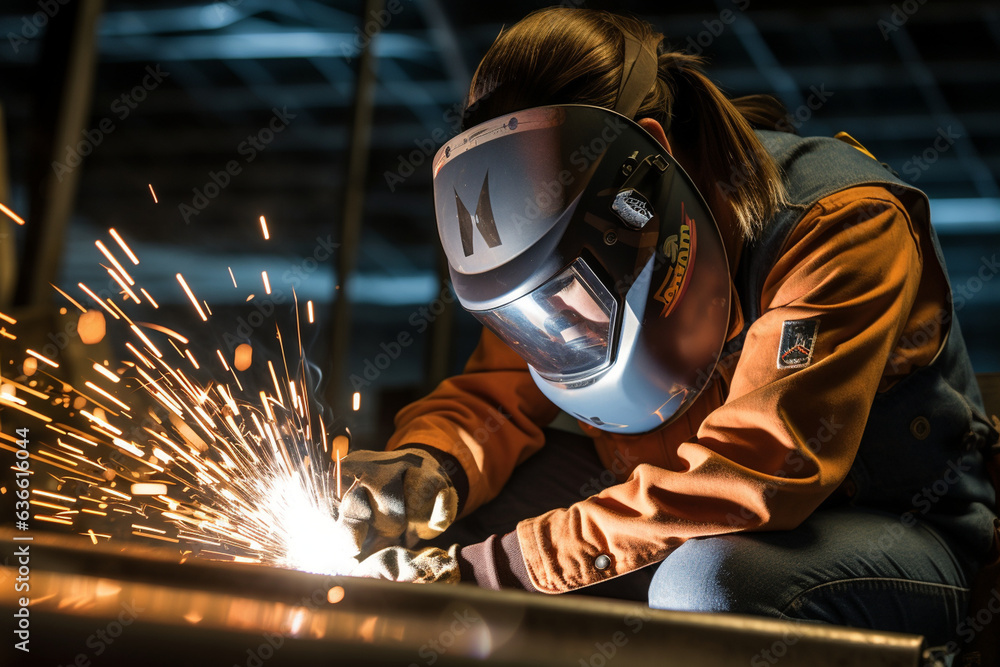 Balanced on a construction beam, the woman welder demonstrates the ...