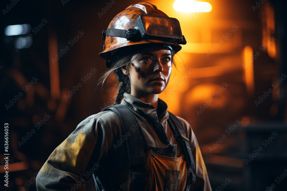 Amidst a steel mill's fiery glow, the woman in protective gear ...