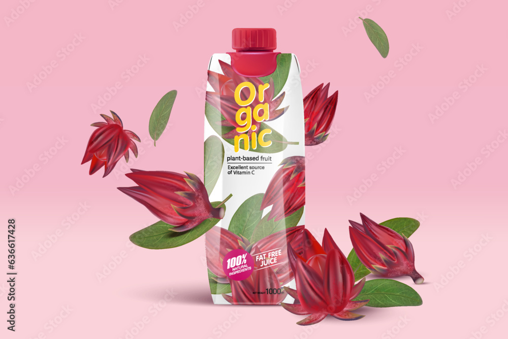 Roselle packaging mock up and roselle flying on solid color background ...