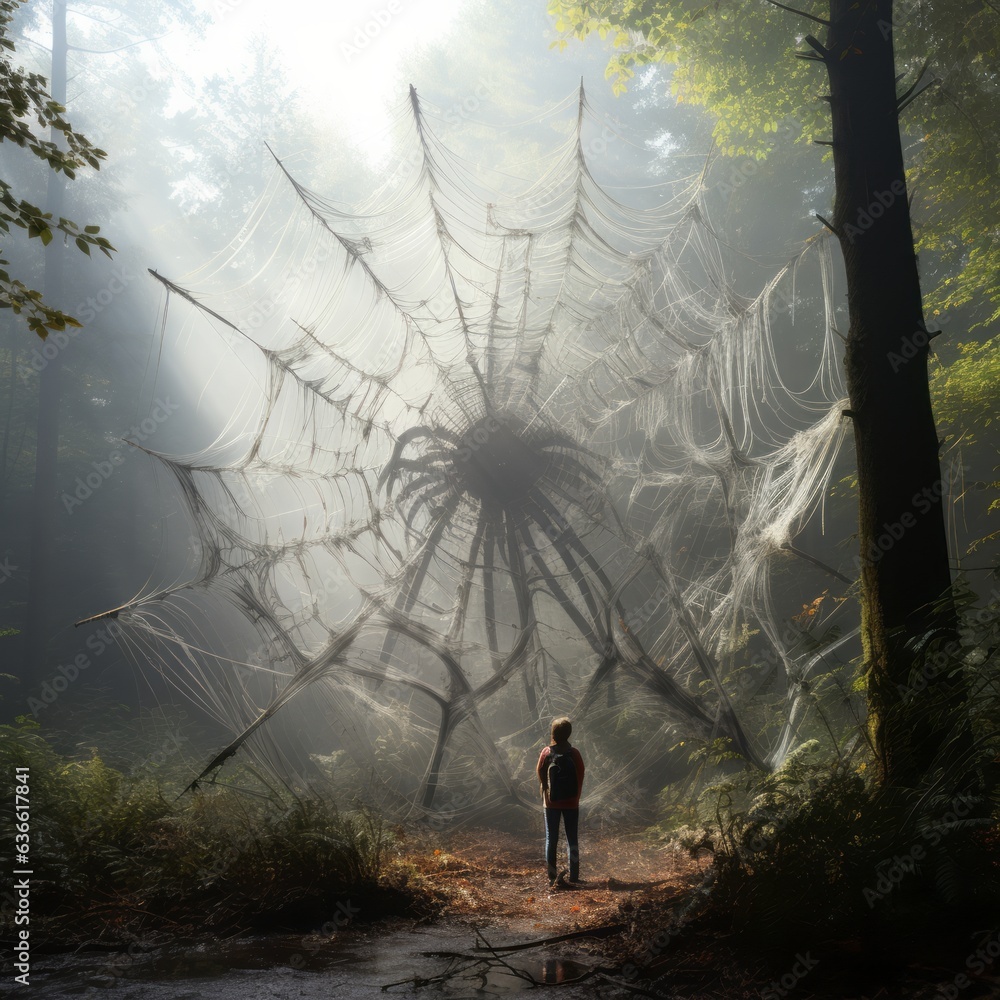 Man standing in front of a giant spider web in a dark spooky forest ...