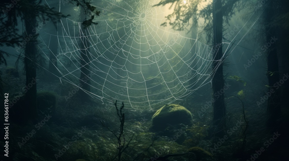 Background with a big spider web in the dark. Scary spider web in an ...