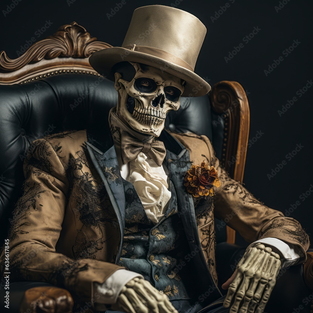 Beautiful skeleton in a top hat and a suit sitting on a big armchair ...