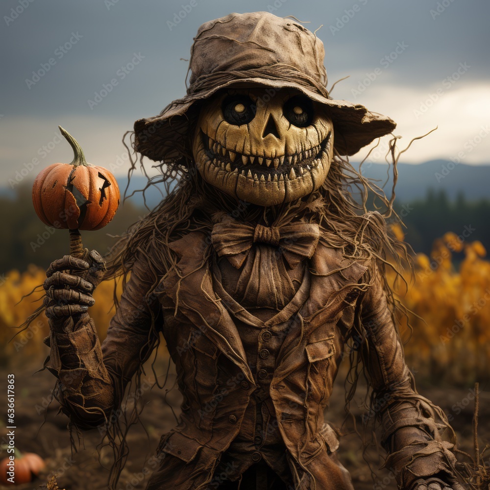 Scary scarecrow standing in the field with a cloudy sky. Halloween ...