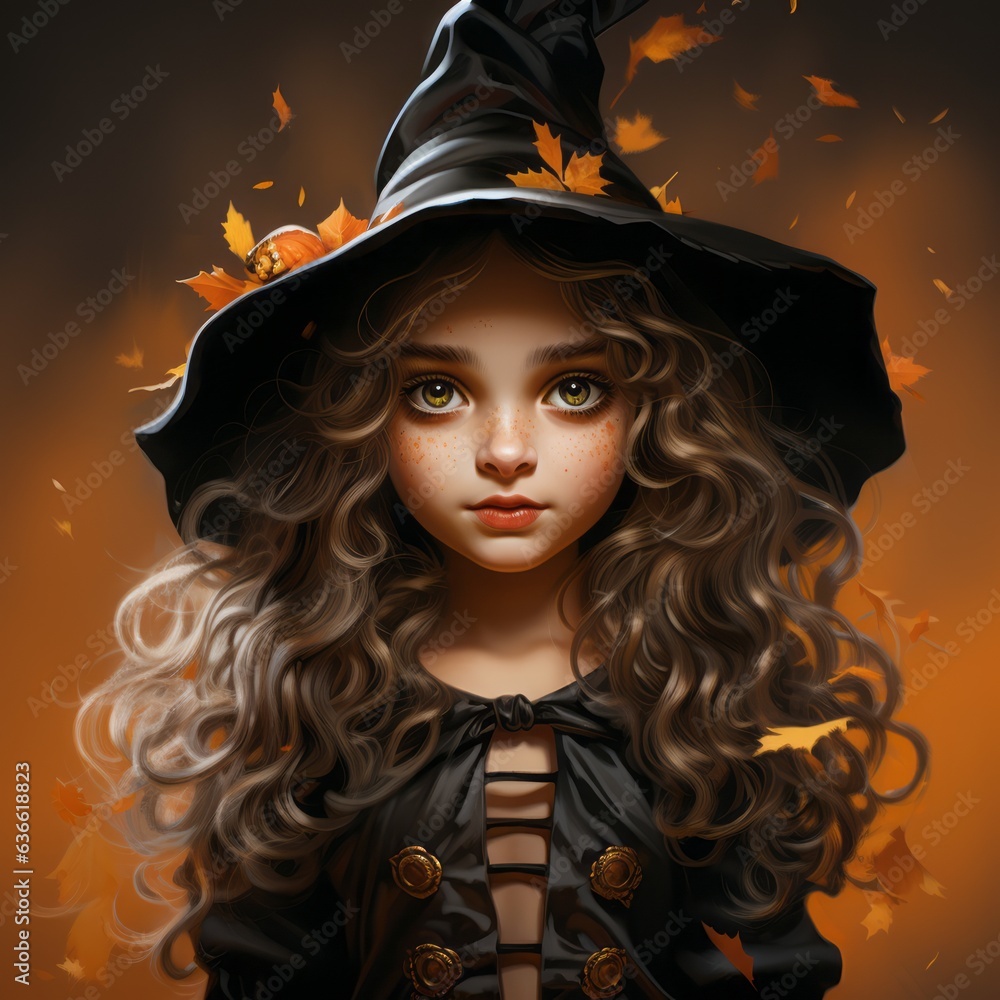 Cute little girl in a witch costume with a witch hat standing on a dark ...