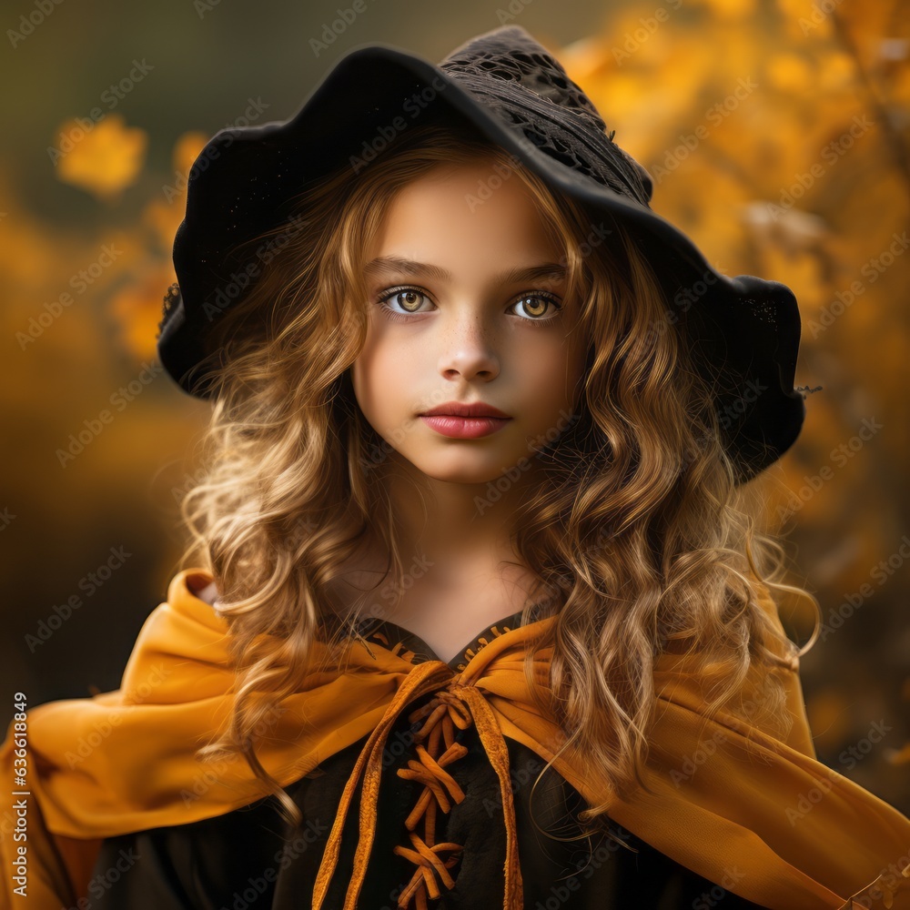 Cute little girl smiling in an orange witch costume with a black witch ...