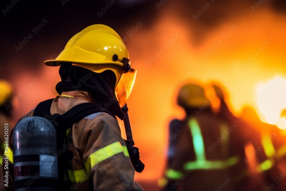 Firefighters extinguishing huge fire burning house industrial facility ...