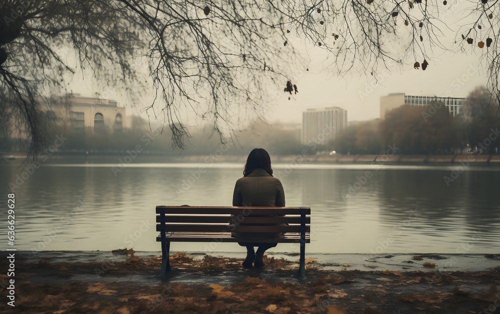 Depressed and sad young woman with long hair casual clothes sitting ...