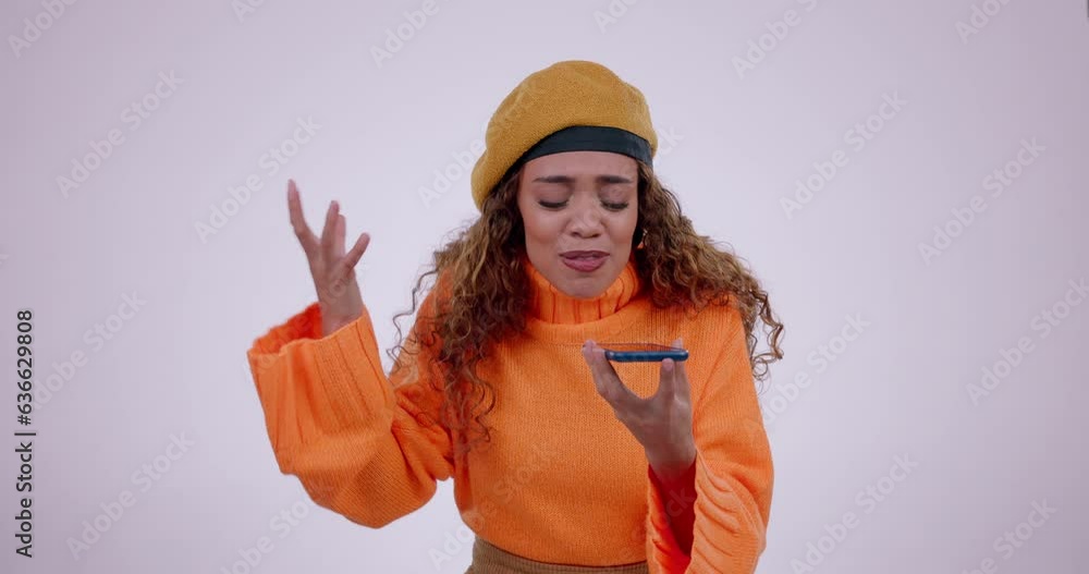 Angry, shouting and a woman on a phone call with a studio background ...