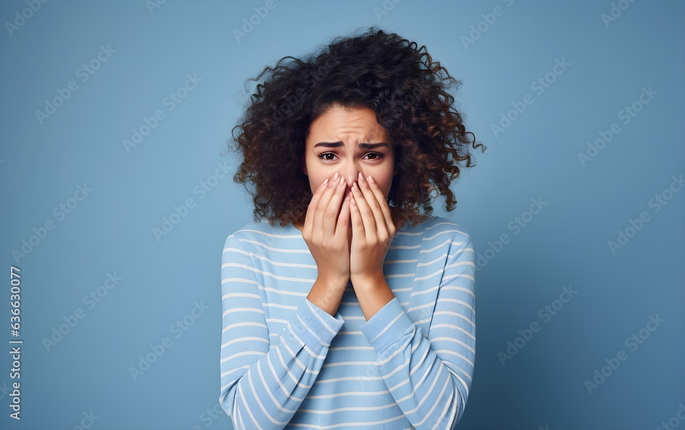 Closeup portrait photo of young crying attractive American woman with ...