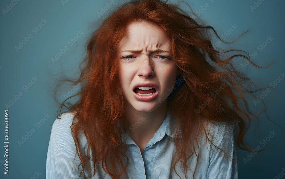 Closeup portrait photo of young red haired crying attractive woman with ...