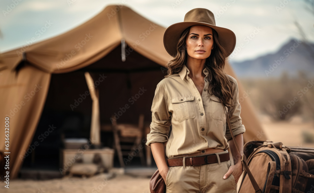 Young woman in adventurer outfit on African safari. Standing next to ...