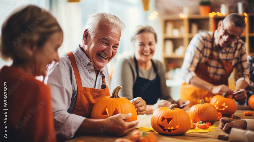 Seniors Engaging in a Pumpkin Carving Workshop, happy seniors ...
