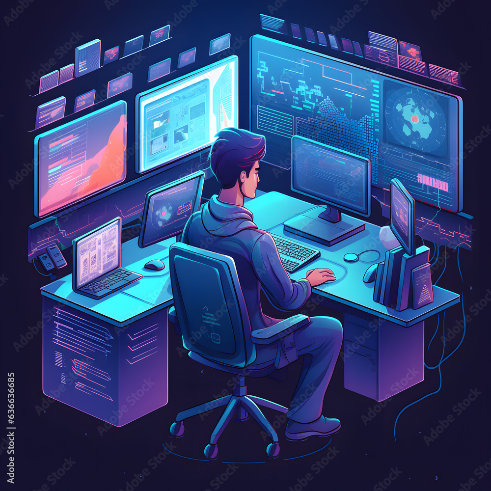 IT professional, person working on multiple screens, coding and ... IT professional, person working on multiple screens, coding and ...