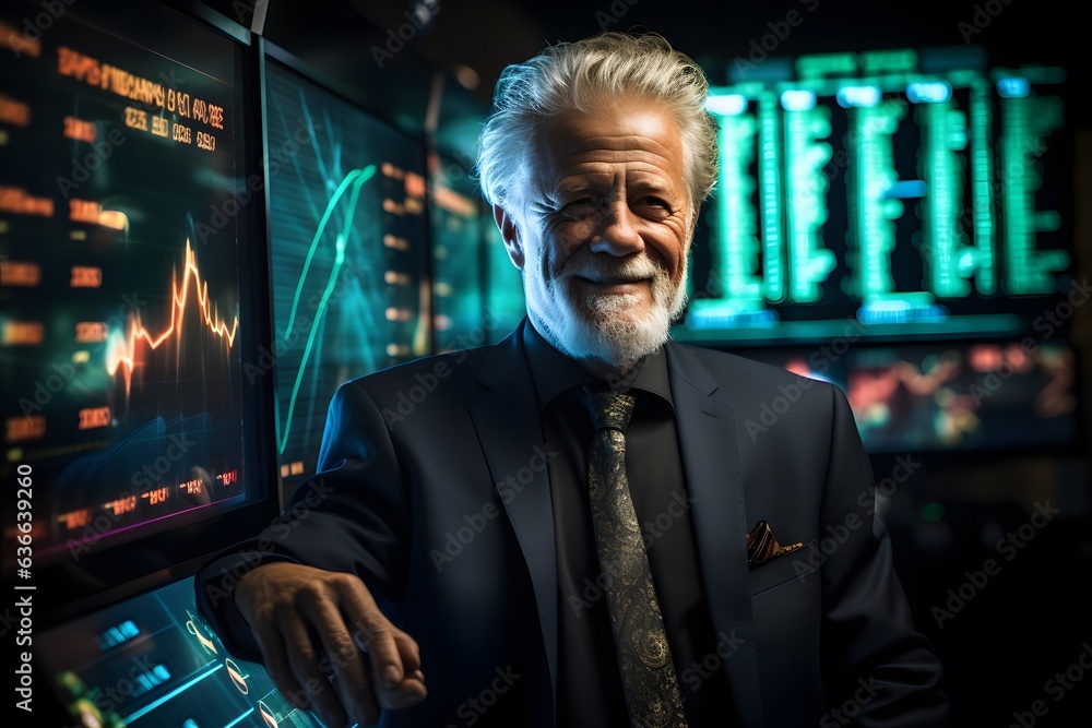 A middle-aged man analyzing the candlestick graph chart of stock market ...