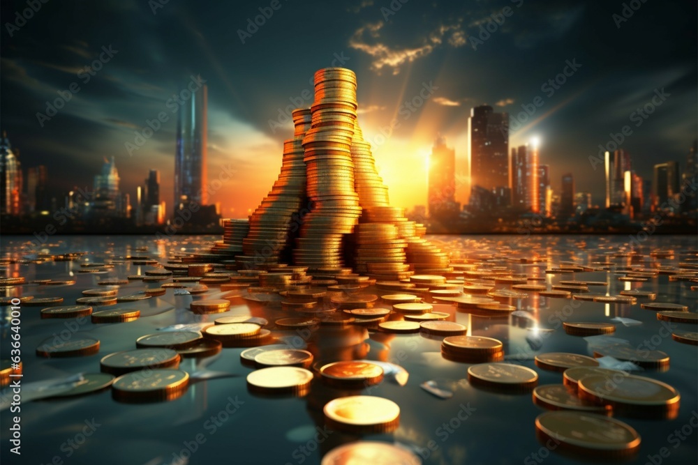 Money towers rise at dawn, embodying financial strength and achievement ...