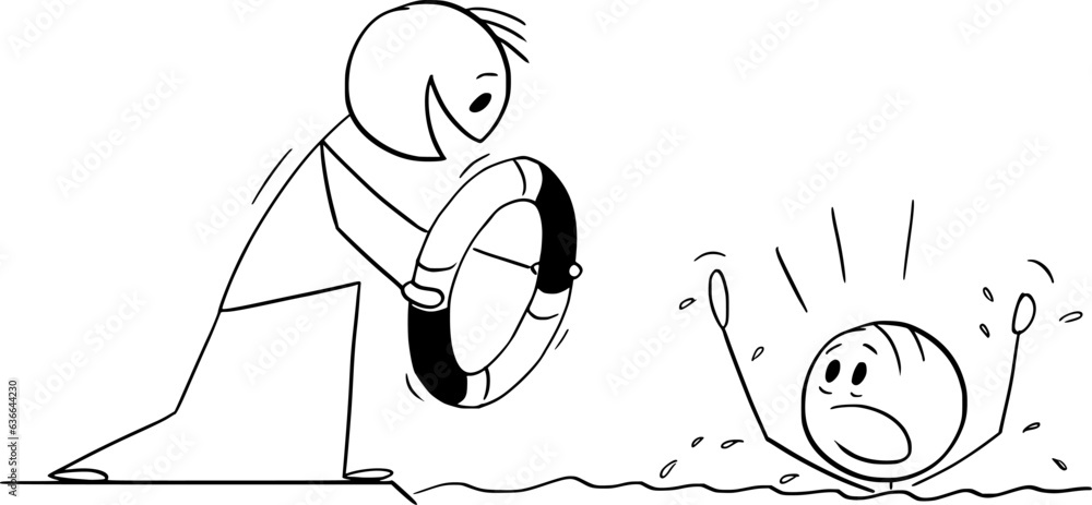 Help to Drowning Person, Vector Cartoon Stick Figure Illustration ...