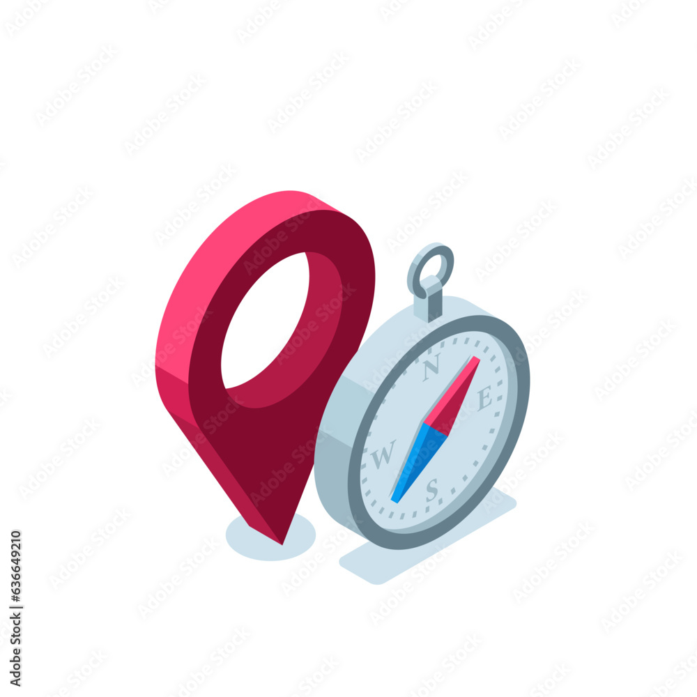 isometric compass and location icon in color on a white background, the ...