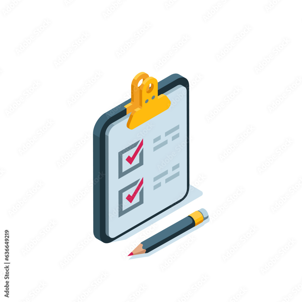 isometric tablet icon with checkmarks and pencil in color on a white ...