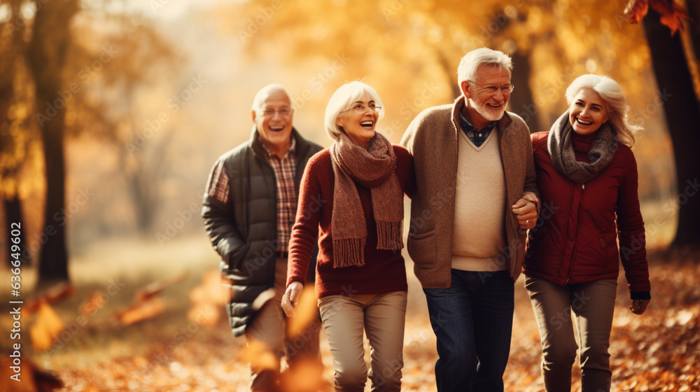 Group of Seniors Taking a Walk Amidst Fall Foliage, Celebrating the ...