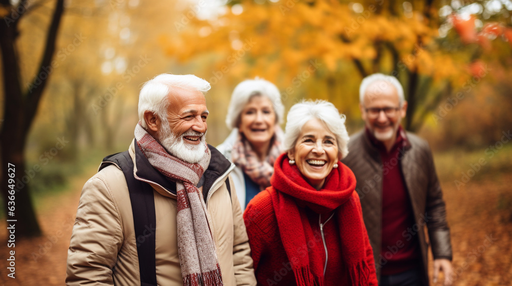Group of Seniors Taking a Walk Amidst Fall Foliage, Celebrating the ...