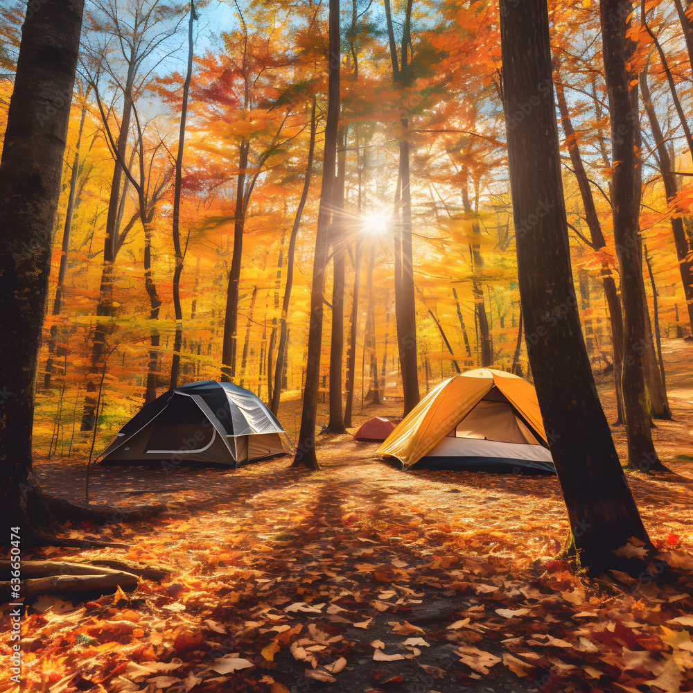 Beauty of autumn nature during a camping trip with an image of colorful tents nestled among ...