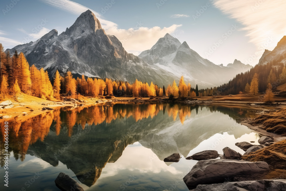 Spectacular sunrise and wonderful alpine Antorno lake with high Sorapis ...